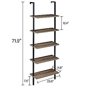 SUPERJARE Industrial Ladder Shelf, 5-Tier Wood Wall-Mounted Bookcase with Stable Metal Frame, 72 Inches Storage Rack Shelves Display Plant Flower, Stand Bookshelf for Home Office - Vintage Brown