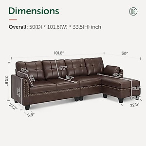 HONBAY Faux Leather Sectional Sofa Couch Reversible L Shaped Couch Sofa 4 Seat Sofa Sectional Couch for Small Apartment