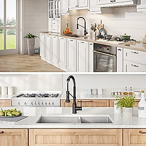 KRAUS 33-inch 16 Gauge Double Bowl 60/40 Standart PRO Kitchen Sink Combo Set with Matte Black Bolden 18-inch Kitchen Faucet and Soap Dispenser, KHU103-33-1610-53MB