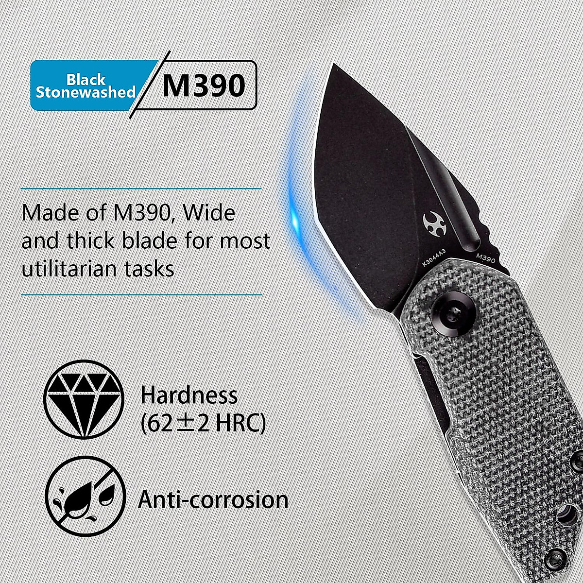 KANSEPT RIO Mini Pocket Folding Knives EDC Camping Folding Knife 1.56'' Black Stonewashed M390 Blade Pocket EDC Knife with Black Micarta Handle Everyday Carry K3044A3