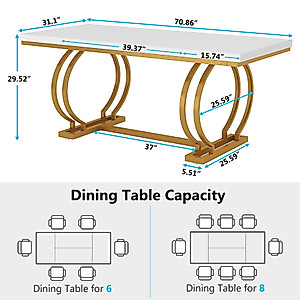 Tribesigns Modern Dining Table, 70.9 inches Wood Dinner Room Table for 6-8 People, Rectangular Kitchen Table with Gold Metal Circular Base for Kitchen, Dining Room, Living Room, White & Gold