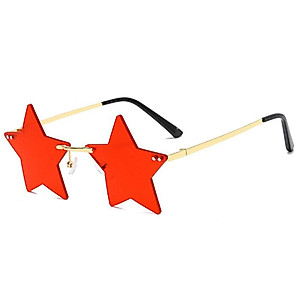 willochra Rimless Star shape Sunglasses Transparent Sun Glasses for women/men Party glasses Super Cute pentagram eyewears (red)