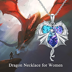 AOBOCO Dragon Necklace Sterling Silver Dragon Heart Pendant Necklace with Purple Austrian Crystal Dragon Jewelry Gift for Women