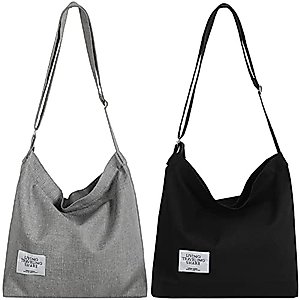 2 Pieces Large Size Canvas Shoulder Bag Casual Crossbody Handbag Travel Shopping Crossbody Bag Wide Strap Hippie Tote Bag (Black, Light Grey)