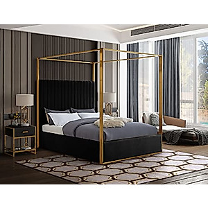 Meridian Furniture JonesBlack-K Jones Collection Modern | Contemporary Upholstered King Bed, Black Velvet, Channel Tufting, Brushed Brass Frame, 82.5" W x 86.5" D x 79" H, Black, King