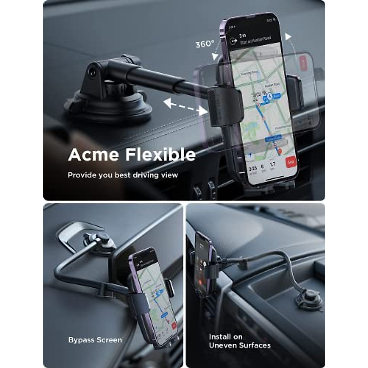 LISEN Phone Holder for Car [Anti-Slip & Anti-Scratch] Universal Long Arm Car Phone Holder Mount Dashboard Windshield Strong Suction Car Phone Holder Mount for iPhone 14 13 Pro S22 S21 & All