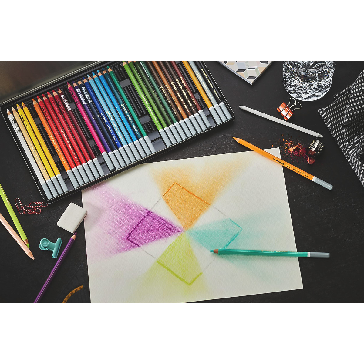 Chalk-Pastel Artist Colored Pencil - STABILO CarbOthello - ARTY+ - Tin Set of 60 Colors + Eraser, Sharpener, Blender - Watercolor Effects, Sketching, Drawing, Coloring