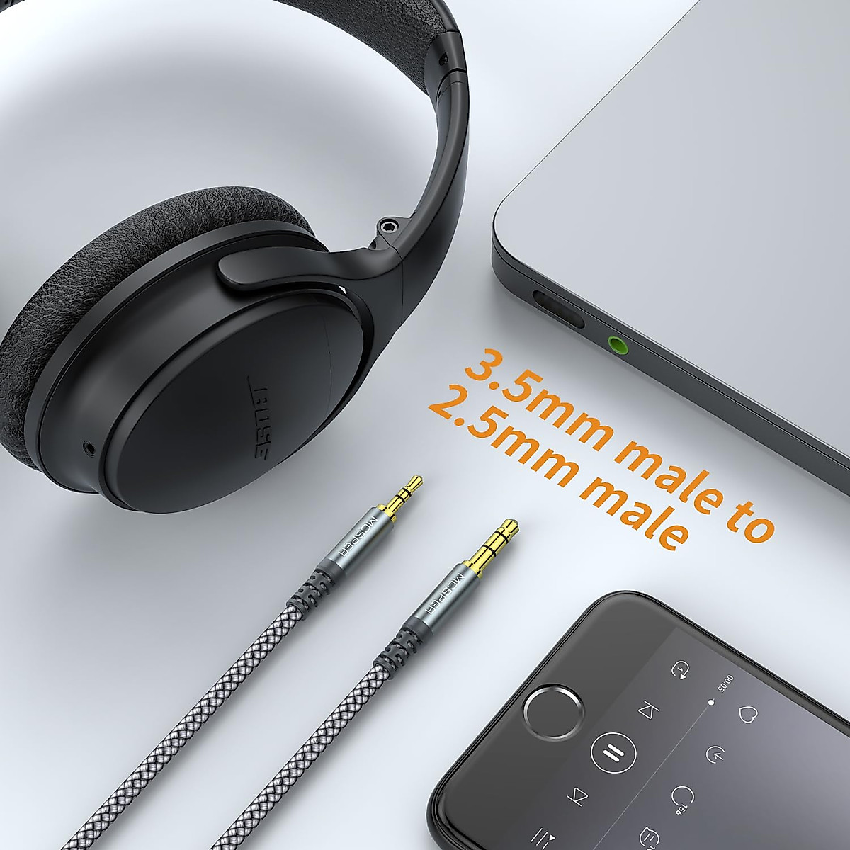 3.5mm to 2.5mm Aux Audio Cable (5FT),Replacement Audio Cord Compatible with SoundTrue Soundlink Bose 700 QuietComfort QC45 QC35II QC35 QC25 Noise Cancelling Headphones,NC700 On-Ear 2 OE2 OE2i (Grey)