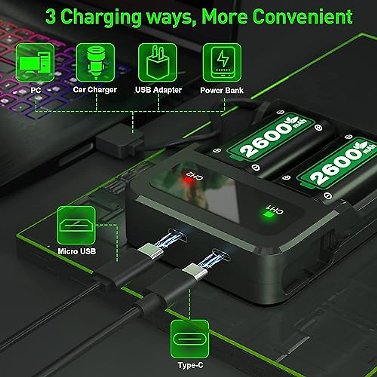2023 Original - 2x2600mAh High Capacity Rechargeable Battery Pack for Xbox Controllers, WEGWANG Fast Charging Controller Battery Pack with Xbox One/Xbox Series X|S Xbox One S/Xbox One X Controller