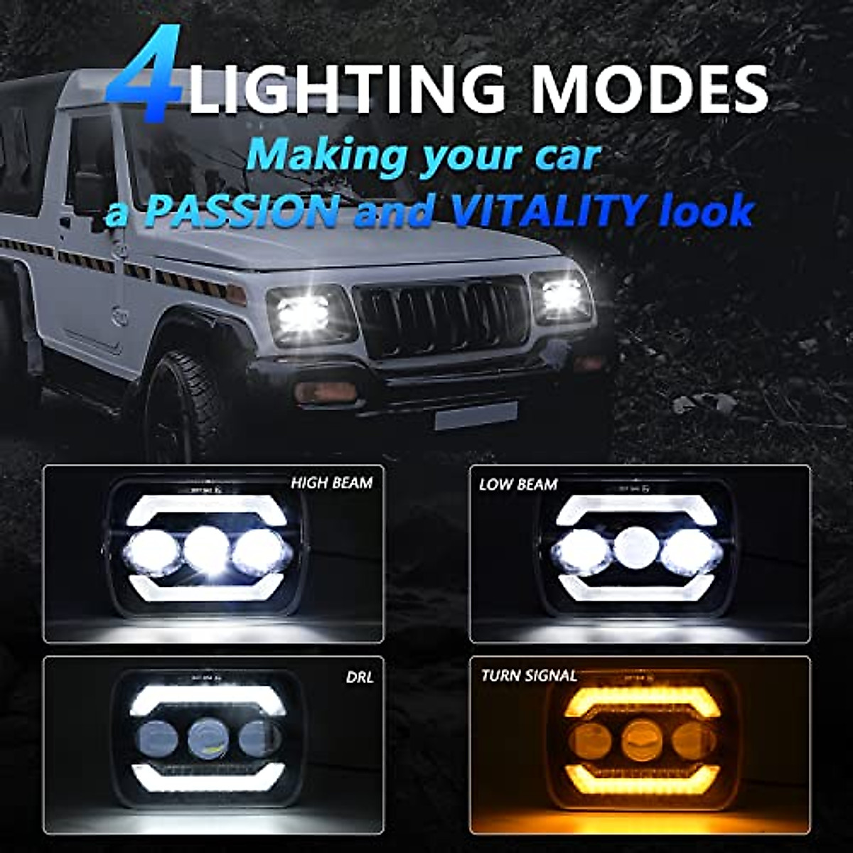 7x6 5x7 LED Headlights,120W Rectangular Headlight with w/DRL Turn Signal Hi/Low Sealed Beam H6054,Headlamps Compatible with Jeep Cherokee XJ Wrangler YJ Ford Chevy GMC Toyota Nissan