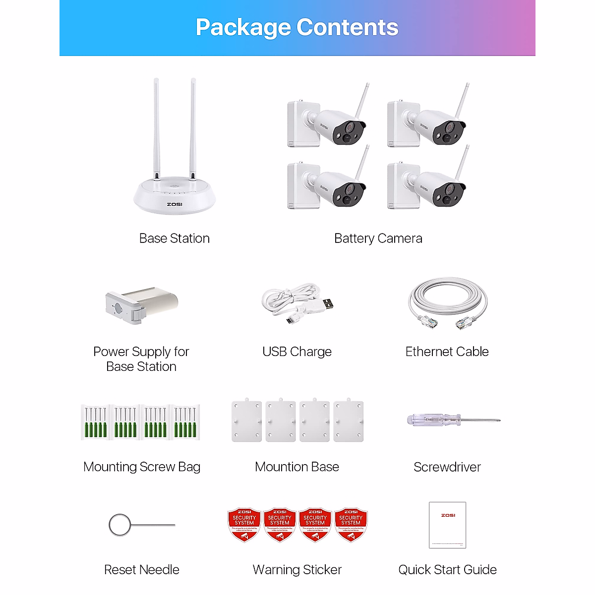 ZOSI C309 4CH 2K Spotlight Battery Powered Wireless Security Camera System,4pcs Wire-Free Rechargeable Outdoor Cameras,Color Night Vision,Light & Siren Alarm,2-Way Audio,32GB SD Card&Cloud Storage