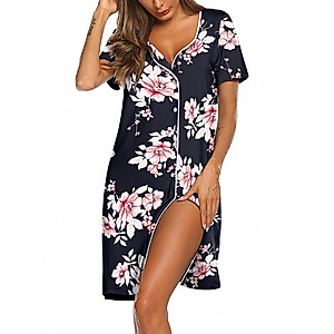 Ekouaer Women's Nightgown Button Down Nightshirt Short Sleeve Sleepshirt Soft V Neck Sleepwear Pajama Dress Navy Floral XL