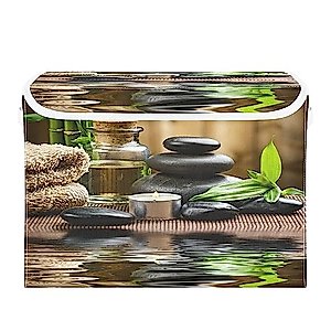 Flradish Zen Basalt Stones on Wood Large Oxford Cloth Foldable Storage with Lid and Handles Toys Clothes Storage Basket for Home Bedroom Closet Office