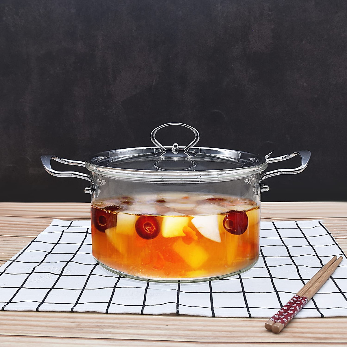 Saucepan with Lid, Glass Pot Stovetop 5L Heat Resistant ABHOME Stainless Steel Double Handles Clear Glassware for Cooking Milk, Pasta & Baby Food (5 Liter)