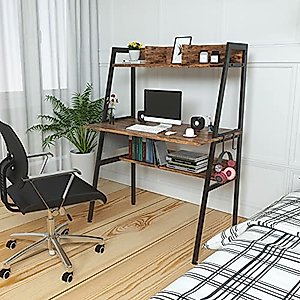 FLANTINO 55 Inch Computer Desk with Hutch and Storage Shelves, Rustic Industrial Home Office Writing Desk Computer Table for Study Writing/Workstation, Archaize Brown