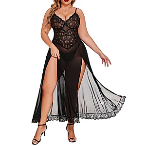 Avidlove Women's Lingerie Plus Size Split Long Mesh Lingerie Dress Babydoll Chemise Black Nightgown 5X-Large