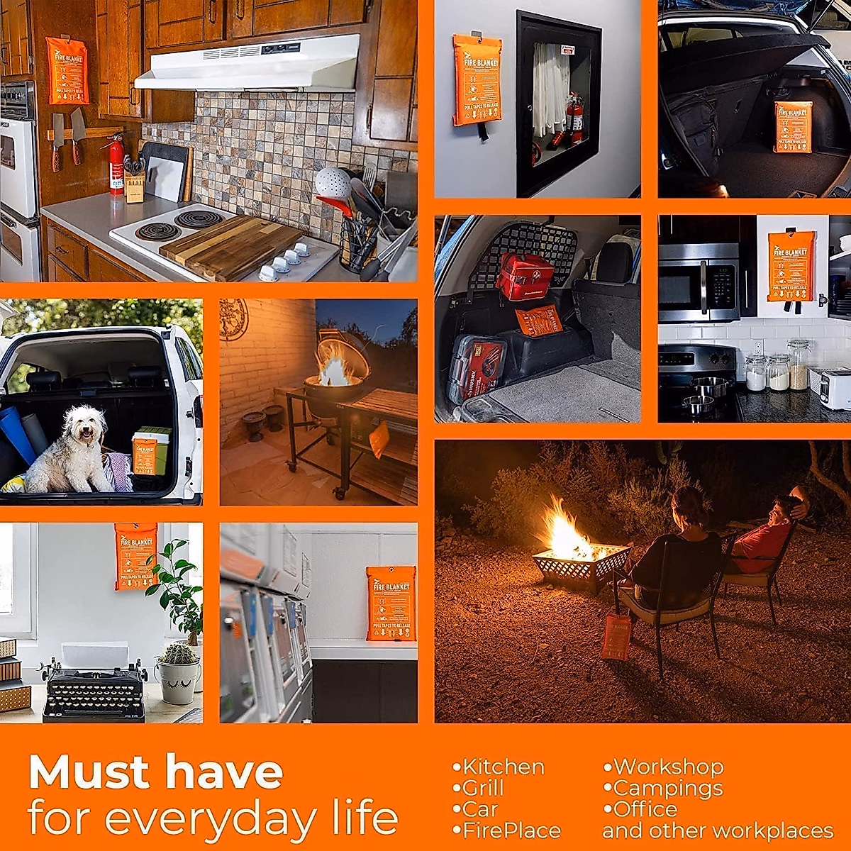 Supa Ant Emergency Fire Blanket for Home and Kitchen - 4 Pack 1500F High Visibility (Glow in The Dark) Smother Kitchen Fire Blanket - CE Certified Hero Fire Blankets Emergency for Home (40in)