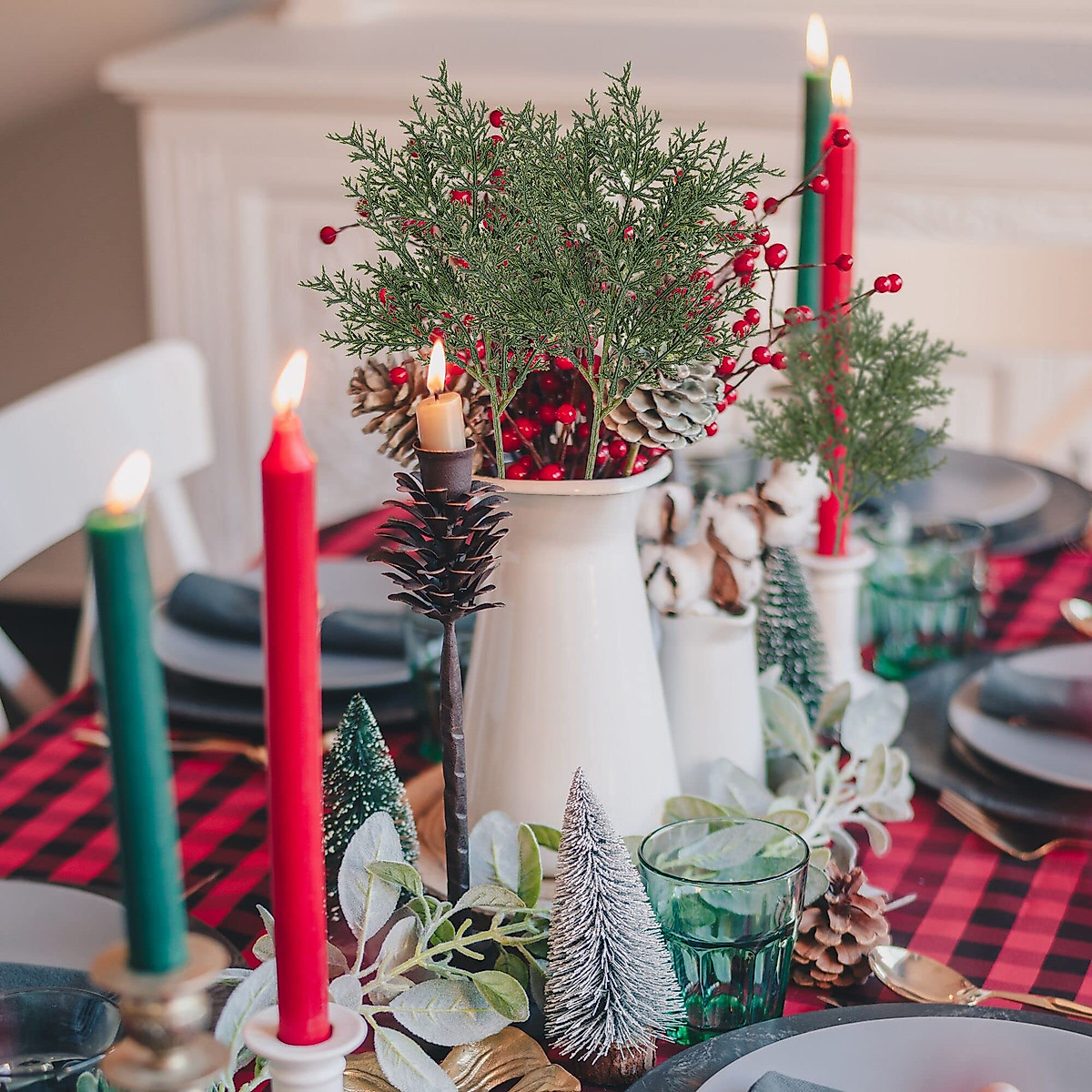 Watayo 6 PCS Large Artificial Pine Needles Branches-14.5x8 Inch 8 Fork Christmas Greenery Pine Picks for DIY Wreath Christmas Embellishing and Home Garden Decoration