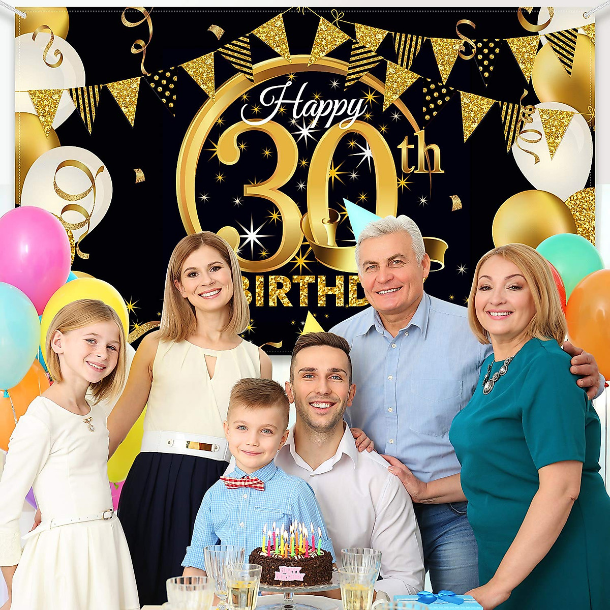 Birthday Party Decoration Extra Large Fabric Black Gold Sign Poster for Anniversary Photo Booth Backdrop Background Banner, Birthday Party Supplies, 72.8 x 43.3 Inch (30th)
