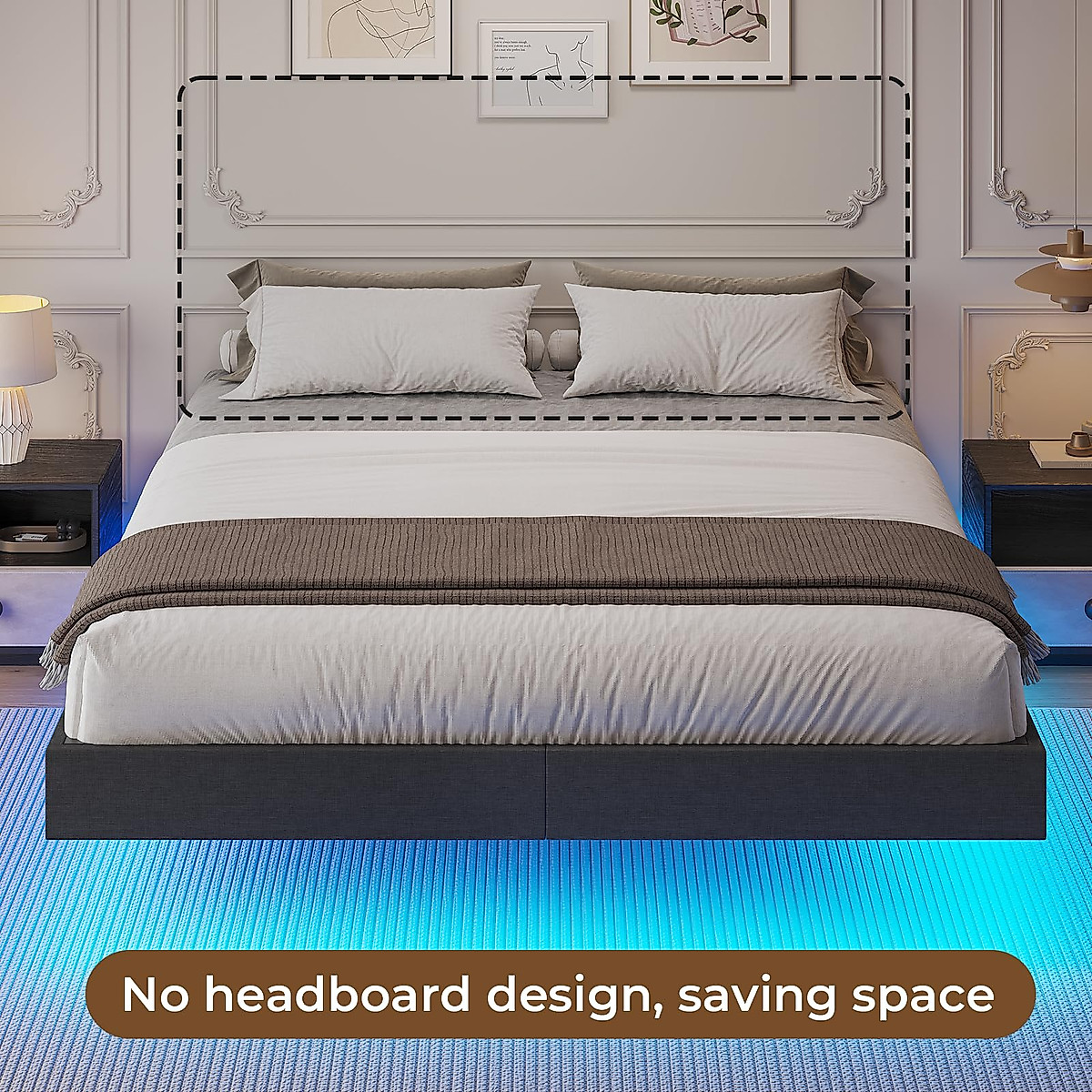ADORNEVE Floating Bed Frame Full Size, LED Bed Frame Linen Upholstered Platform Bed with Underbed Storage Space, Heavy Steel Slats Support, No Box Spring Needed, Noise Free，Dark Grey