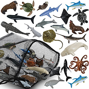 Civaner 20 Pack Realistic Shark Toys Ocean Animals Toys with Mesh Bag Assorted Sea Animal Toys Including Shark, Whale, Dolphin Bath Toys for Ocean Life Party Decor Party Favors for Daughter and Son