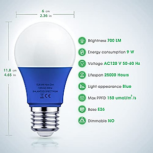 Briignite Grow Light Bulbs for Seedlings, Blue Spectrum, A19 E26 Base, 9W Grow Bulb 90W Equivalent for Indoor Plants, Seed Starting, 2Pack
