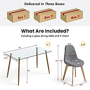 Tangkula 5 Pieces Dining Room Table Set, Modern Table & Chair Set for 4, 4 Grey Fabric Dining Chairs with Glass Dining Table for Small Living Room, Kitchen