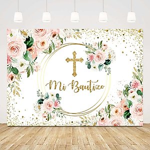 Sensfun Mi Bautizo Backdrop Gold Bless Spanish Baptism Girl First Holy Communion Party Decorations Pink Floral Gold Glitter Background Christening Newborn Photo Studio Booth Props 7x5ft