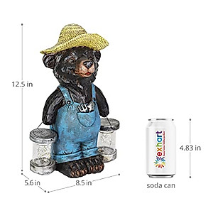 Exhart Garden Sculpture, Farmhouse Black Bear Solar Garden Statue with Glass Jars, LED Firefly Lights, Outdoor Garden Decoration, 12.5 Inch