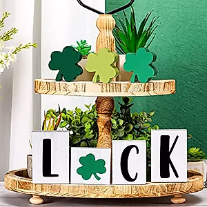 7 Pcs St. Patrick’s Day Tiered Tray Decor Lucky Shamrock Table Wooden Signs Lucky Letter Sign Freestanding Wooden Luck Blocks Shamrock Wood Letters Block for Irish Home Party Decor