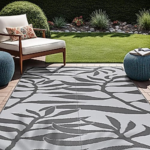 Beverly Rug Floral Leaf Outdoor Rugs 6x9 Waterproof Reversible Plastic Straw Rug Outdoor Carpet, Outside Mat for Patio, Camping, Picnic, Porch, Deck, RV, Beach, Pool, Grey and White