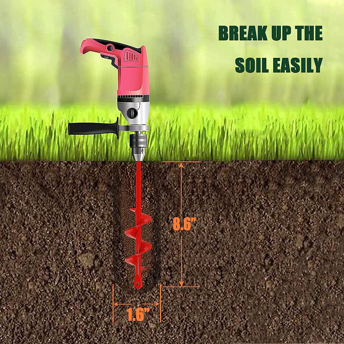 Bit for Planting 1.6"(D) x8.6"(L), Garden Ground Earth Spiral Drill Bit for 3/8" Hex Drive Drill Auger Bulb Planter Drill Bit Post Hole Digger Solid Shaft Heavy Duty Auger Spiral Drill Bit