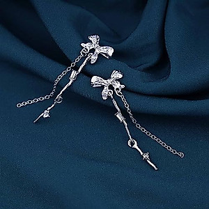 Sttiafay Vintage Bow Crystal Drop Earrings Silver Bar Dangle Earrings Long Crystal Bow Chain Earrings Cz Tassel Chain Earrings Jewelry for Women and Girls