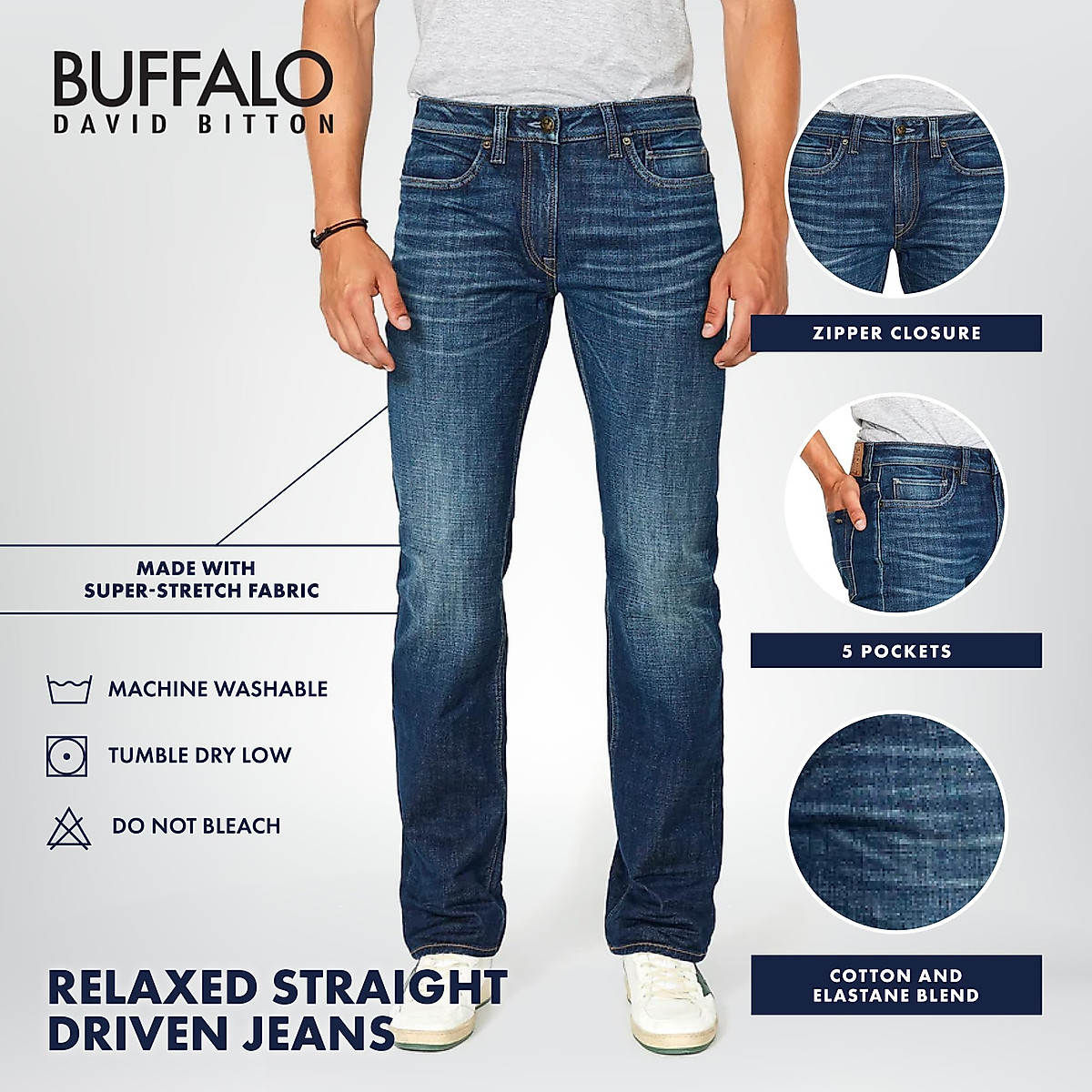 Buffalo David Bitton Men's Relaxed Straight Driven Jeans, Dark Blue Sanded Indigo, 34W x 32L
