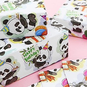 Panda Gift Wrapping Paper for Happy Birthday, Cute Pandas Balloons Wish Birthday Wrapping Paper for Baby Boys Girls Children Animal Baby Shower Kindergarten Party Xmas Gifts Wraps