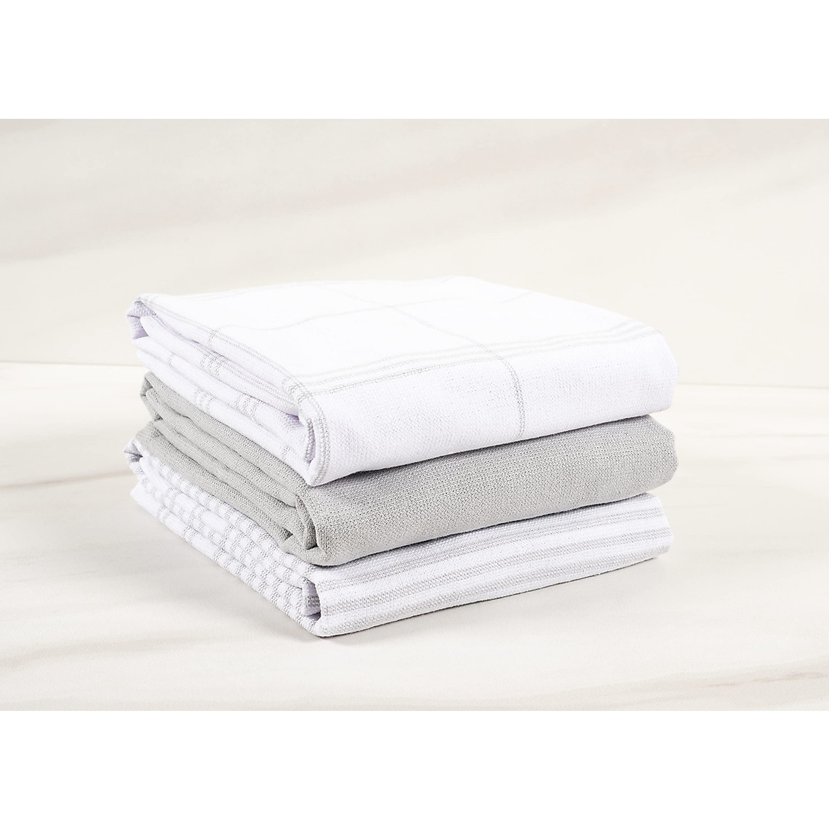 KAF Home Marseilles Reversible Terry Kitchen Towels - Set of 3-100% Cotton (Drizzle Gray)