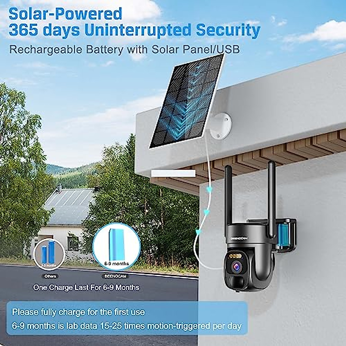 3K 5Dbi Solar Security Cameras Wireless Outdoor Cameras for Home Security, 5MP 4X Digital Zoom 360° PTZ Battery Powered WiFi Camera with Spotlight Siren,Color Night Vision,Motion Detection,2-Way Audio