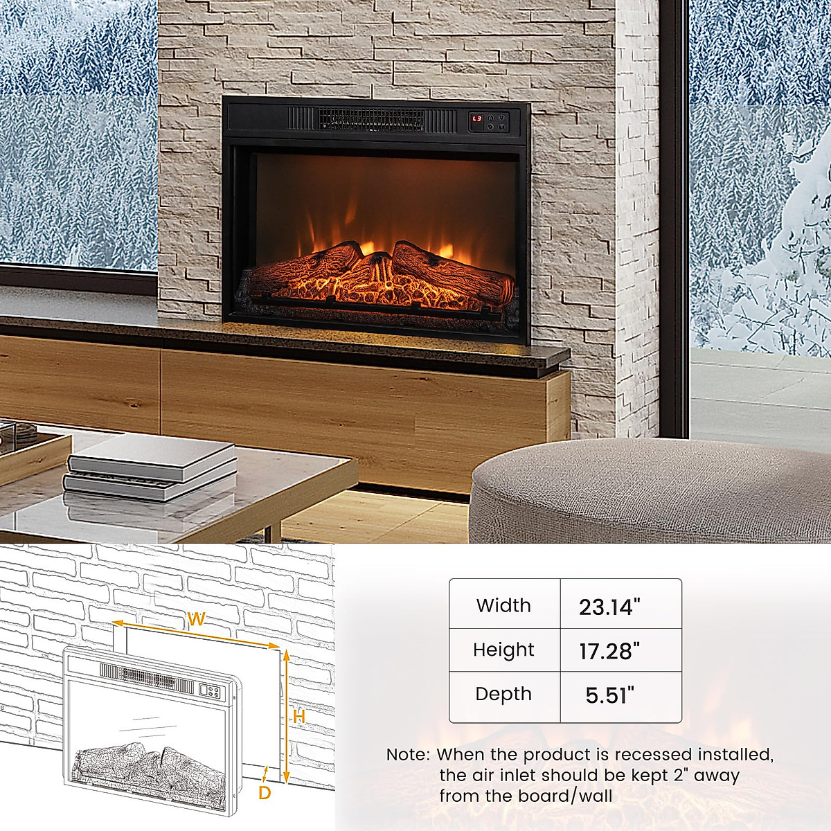 COSTWAY Electric Fireplace Insert 23-inch Wide, 1400W Recessed Fireplace Heater with Remote Control, 3 LED Flame Effects, 6H Timer, Electric Fireplace for Bedroom Home Office Indoor Use, Black
