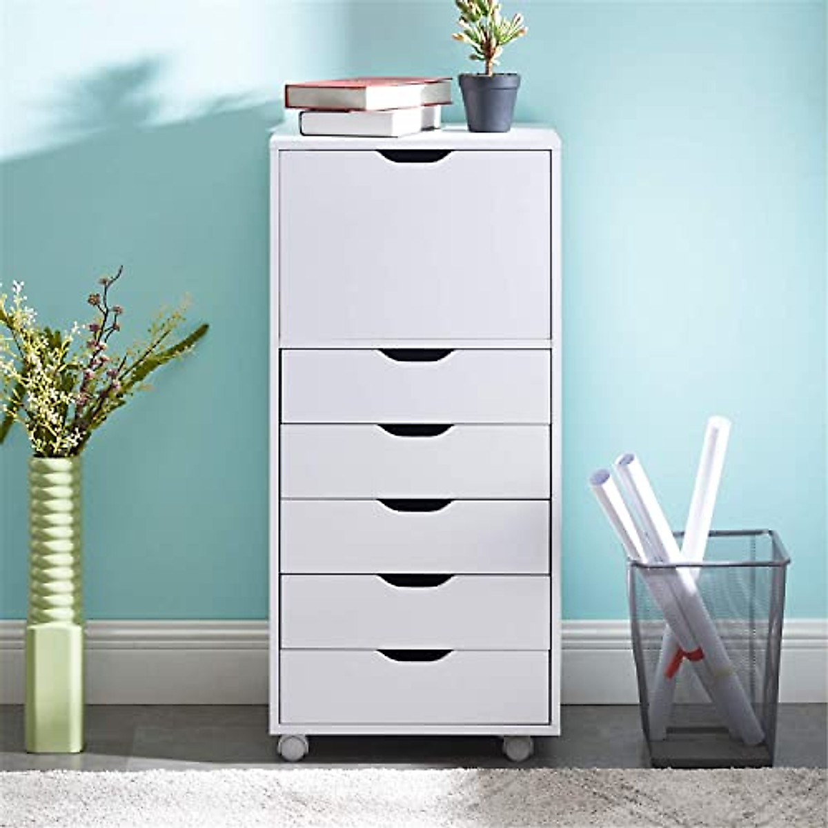 Naomi Home Carly 6-Drawer Office Storage File Cabinet on Wheels, Mobile Under Desk Filing Drawer Unit, Craft Storage Organization for Home, Office – White