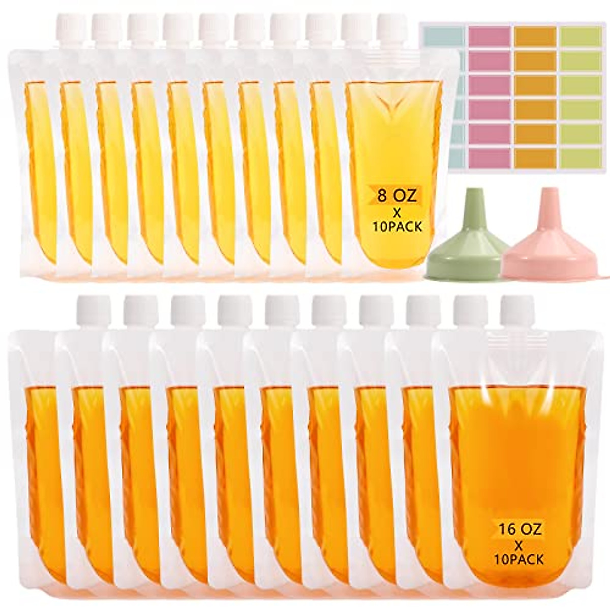 Plastic Flasks，20PACK，Concealable and Reusable Drink Bags，Leak-Proof，BPA-Free for Travel，Outdoor Sports，Concerts，Events(2Funnels and 24PCS Label stickers included)