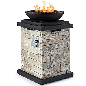 AVAWING Propane Firebowl Column, 40000 BTU Outdoor Gas Fire Pit, Compact Ledgestone Firepit Table with Lava Rocks and Rain Cover