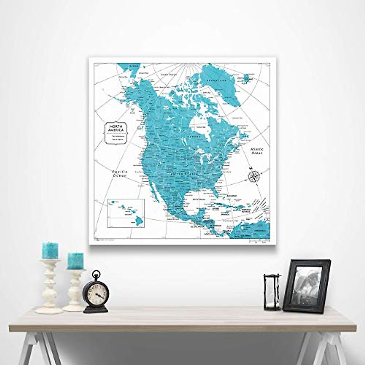 Push Pin North America Map Board - With Push Pins to Mark North America Travel - Handmade in Ohio, USA - Design: Teal Color Splash