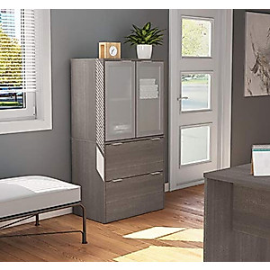 Bestar i3 Plus Lateral File Cabinet with Frosted Glass Doors Hutch, 31W, Bark Grey