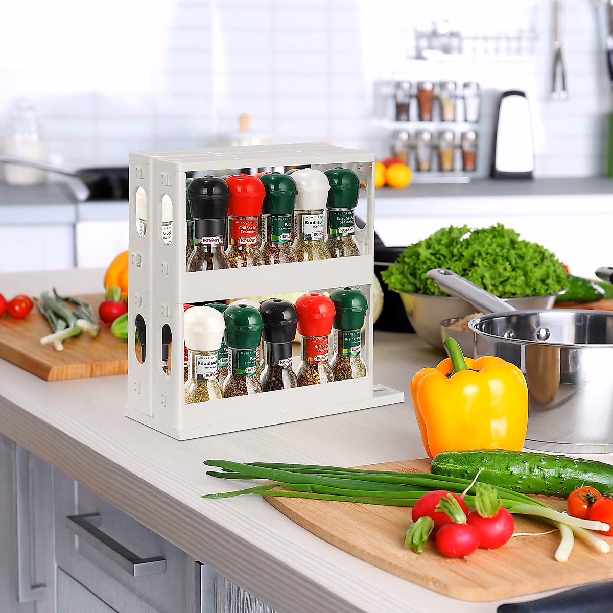 Senhuok Rotating Spice Rack Plastic Seasoning Spice Jar Rack Storage 2 Tier Pull Out Kitchen Cabinet Organiser Slide Salt Bottle Box Holder Shelf Counter Spice Stand Multi-Function Pantry Door Storage