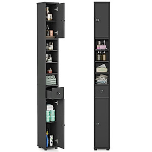 Tangkula Tall Slim Bathroom Storage Cabinet, 71" Freestanding Bathroom Cabinet w/ 2 Doors, 1 Drawer & 5 Adjustable Shelves, Floor Narrow Tower Cabinet for Small Spaces, 8" x 8" x 71" (Grey)