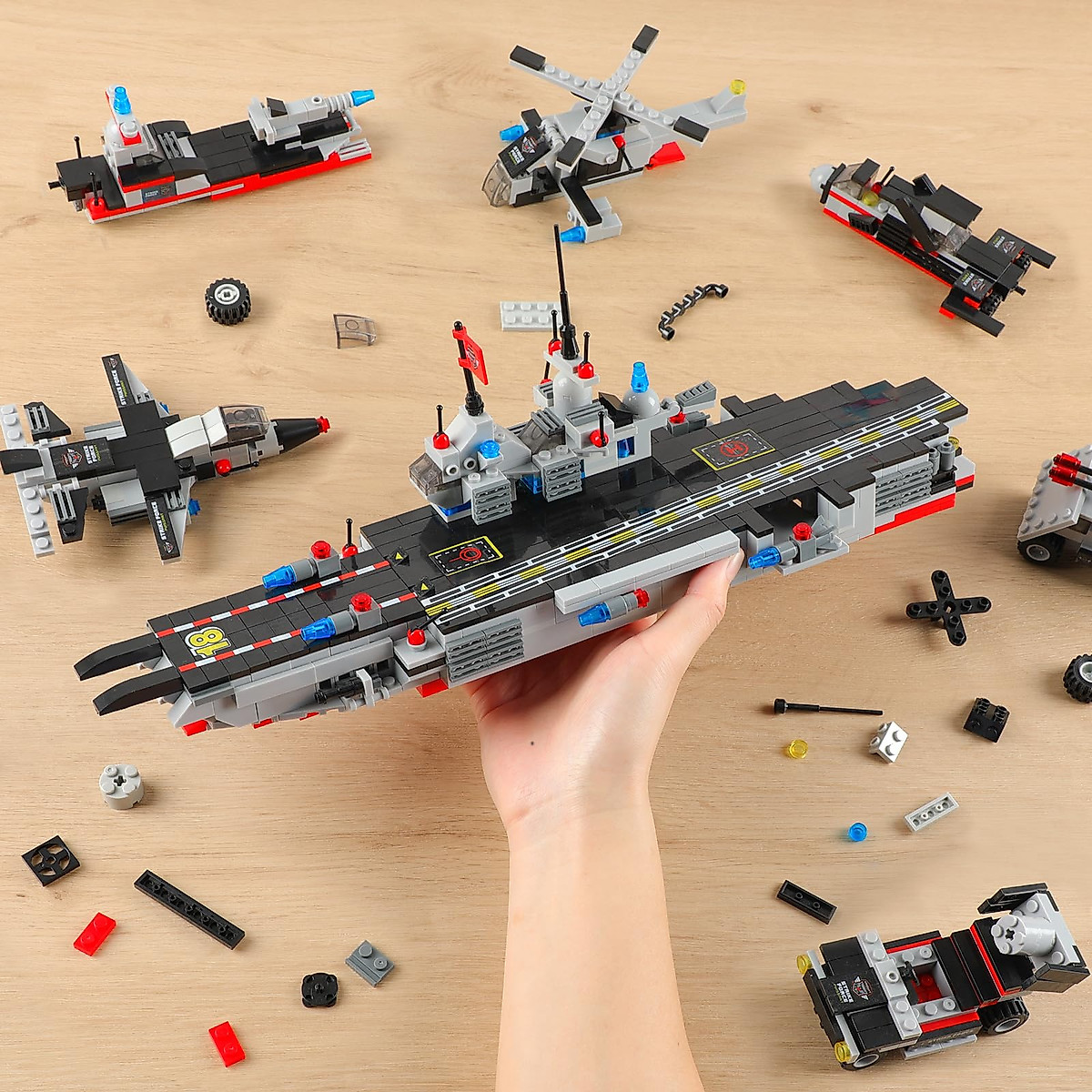 EP EXERCISE N PLAY Aircraft Carrier Building Blocks Set, Military Battleship Model Building Toy W/Army Car, Airplane, Warship, Helicopter & Boat, STEM Building Toys for Boys Girls Age 6+(1630 Pcs)