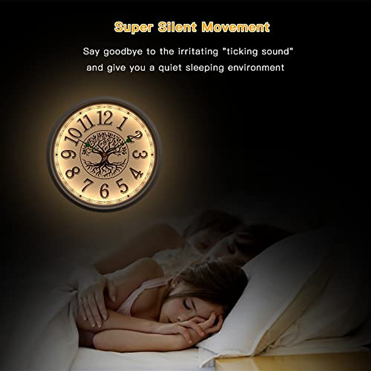 Abdurey Night Light Wall Clock, 12" White Retro-Vintage Style, Silent Battery Operated, Sound Control Sensor Lighted Wall Clocks, for Bedroom, Living Room, Farmhouse (Tree of Life Warm Light)