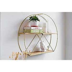 kimisty Gold Round Wall Shelves, Large Circular Floating Shelf for Bathroom, Living Room, Kitchen and Bedroom, Brass Geometric Wall Decor, Metal Sconce Shelf with Mango Wood, Boho Accent Display