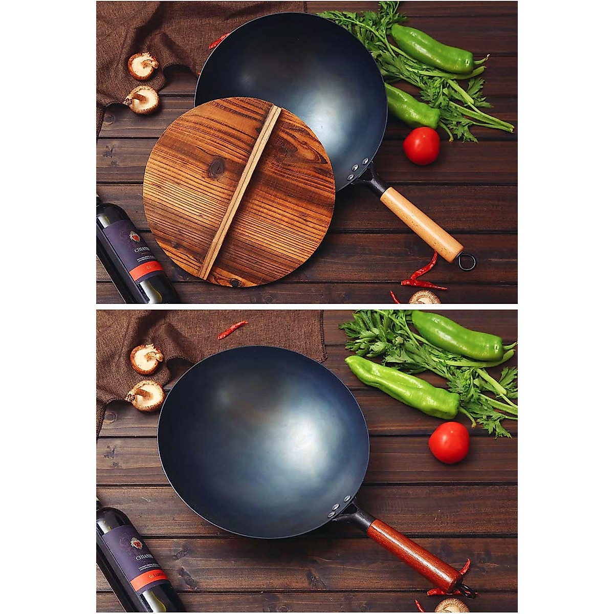 SERENITA Chinese 100% Hand Hammered Iron Woks Stir Fry Pans, Non-stick, No Coating, Less Oil, 34CM, Black Seasoned Wooden handle