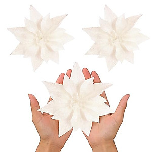 CEWOR 12 Pcs Christmas Tree Decor Flowers Glitter Artificial Poinsettia Flowers with Clips and Stems for Xmas Wedding Party Wreaths Decorations, 6.7 Inch (White)